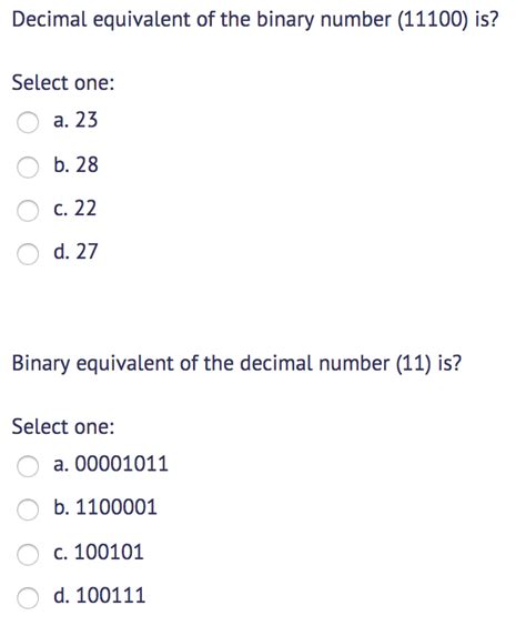 Solved Decimal Equivalent Of The Binary Number 11100 Is