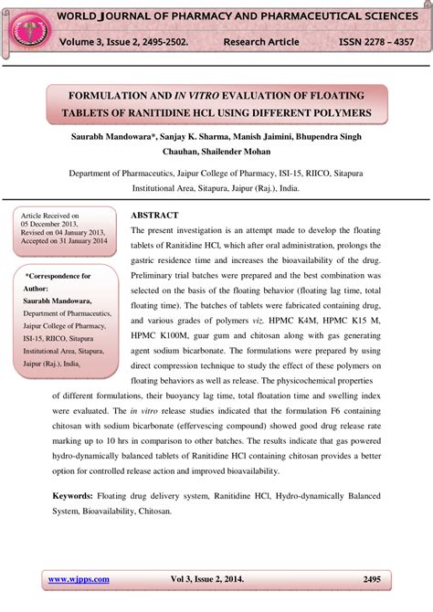 Pdf Formulation And In Vitro Evaluation Of Floating Tablets Of Ranitidine Hcl Using Different