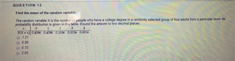 Solved QUESTION 12 Find The Mean Of The Random Variable The Chegg Com