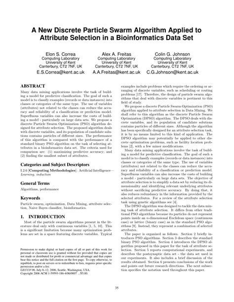 Pdf A New Discrete Particle Swarm Algorithm Applied To Attribute