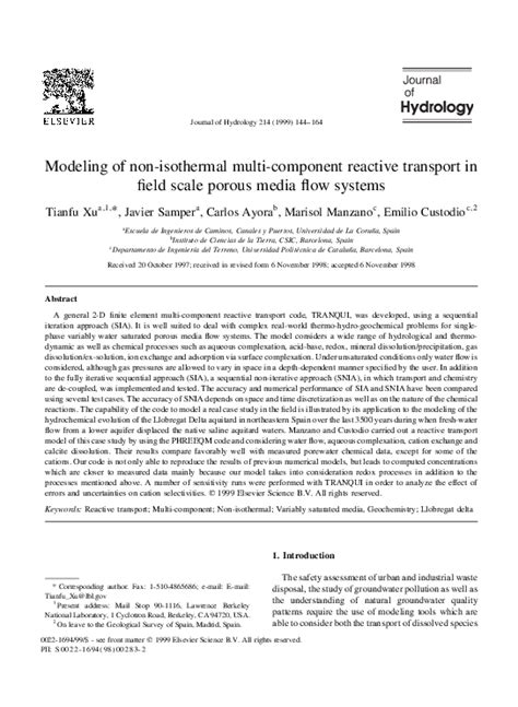 Pdf Modeling Of Non Isothermal Multi Component Reactive Transport In