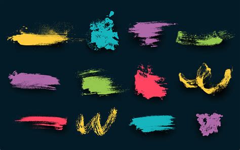 페인트 물결 모양의 컬러 브러시 스트로크 세트입니다 더러운 곡선과 다채로운 물결 모양의 붓놀림 벡터 잉크 스프레이 그림입니다 트렌드 그런지 브러쉬 라인 벡터 서예는 번짐
