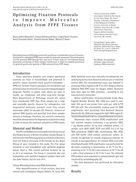 Pdf Optimizing Fixation Protocols To Improve Molecular Analysis From
