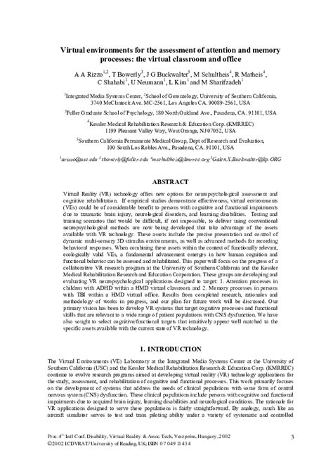 Pdf Virtual Environments For The Assessment Of Attention And Memory Processes The Virtual