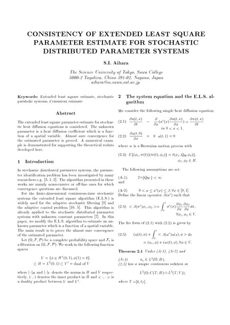 Pdf Convergence Of Extended Least Square Parameter Estimate For Stochastic Distributed