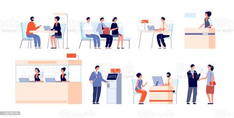 은행 고객 서비스 은행 사무실 카운터 및 클라이언트 서비스 현금 데스크 점원 Atm 전문 대출 컨설턴트 벡터 일러스트 가정의 방에 대한 스톡 벡터 아트 및 기타 이미지