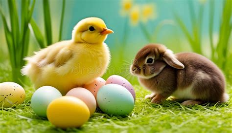 Easter Background Easter Bunny Decorated Eggs And Cute Rabbit Easter Eggs Stock Image