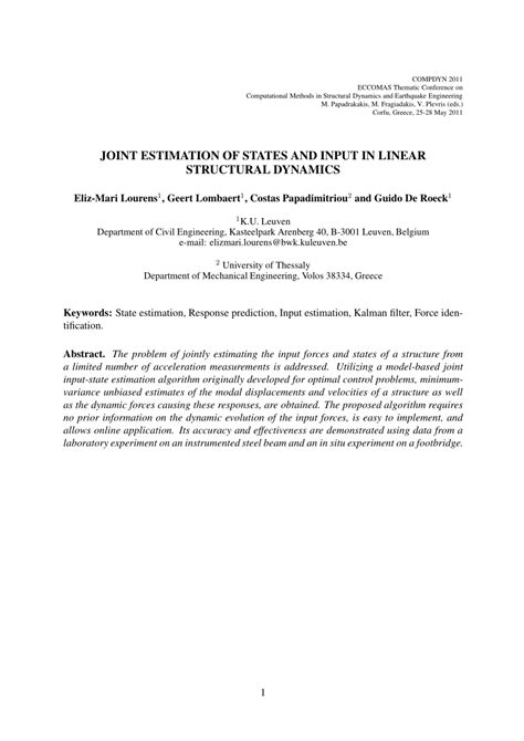 Pdf Joint Estimation Of States And Input In Linear Structural Dynamics
