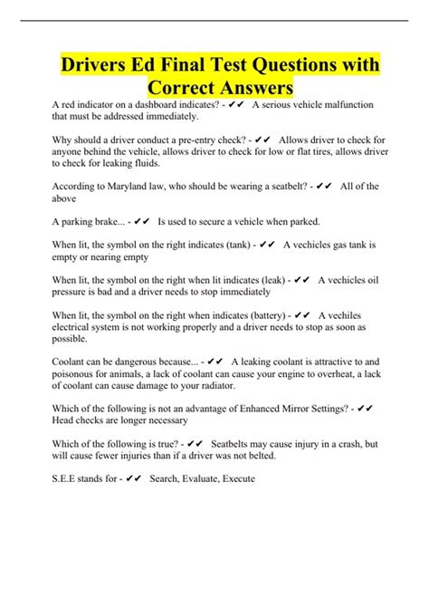 drivers ed final test questions with correct answers drivers ed