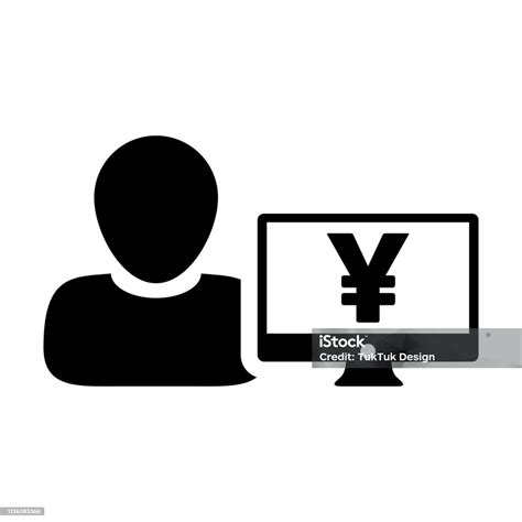 엔 기호 아이콘 벡터 남성 사용자 개인 프로필 아바타 컴퓨터 모니터 통화 머니 기호 은행 및 금융 비즈니스에 대 한 평면 색상 그림 문자 그림 검은색에 대한 스톡 벡터 아트