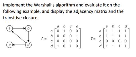 Solved Implement The Warshalls Algorithm And Evaluate It On
