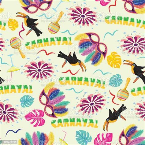 큰부리새 불꽃놀이 마스크 몬스테라 잎 색종이 조각 칵테일이 어우러진 매끄러운 패턴 브라질 카니발 Mardi Gras에 대한 스톡 벡터 아트 및 기타 이미지 Istock