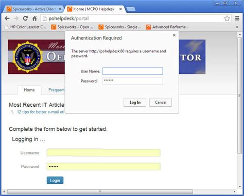 spiceworks server prompting for credentials when opening user portal