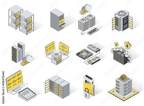 data center 3d isometric icons set pack elements of server racks