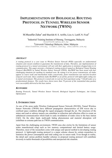 Pdf Implementation Of Biological Routing Protocol In Tunnel Wireless Sensor Network Twsn