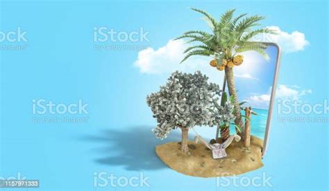 블루 그라데이션에 바다 3d 렌더링의 사진과 함께 스마트 폰의 배경에 돈 나무에 부착 휴가 저축 개념 해먹 0명에 대한 스톡 사진 및 기타 이미지 Istock