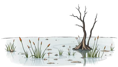 Illustration Of Dead Tree In Marsh With Reeds And Rocks Free Download