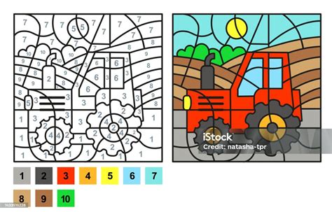어린이 교육 및 활동을위한 벡터 색칠 공부 페이지 숫자 트랙터에 의한 퍼즐 게임 색상 숫자에 대한 스톡 벡터 아트 및 기타