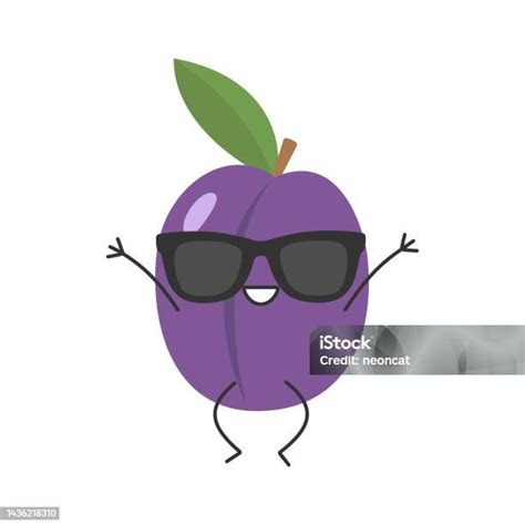 매실 점프 인사말 귀여운 캐릭터 만화 육즙이 많은 과일 웃는 얼굴 카와이 기쁨 행복 감정 아이콘 벡터 일러스트레이션 자두에 대한 스톡 벡터 아트 및 기타 이미지 Istock