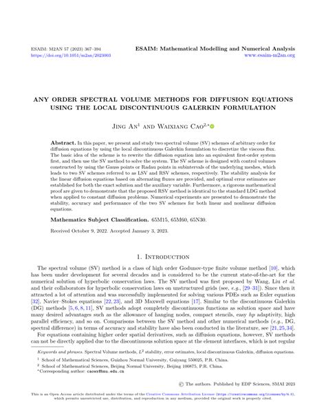 Pdf Any Order Spectral Volume Methods For Diffusion Equations Using The Local Discontinuous