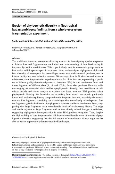 Pdf Erosion Of Phylogenetic Diversity In Neotropical Bat Assemblages Findings From A Whole