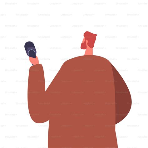 마이크 후면보기가있는 남성 캐릭터 기자 인터뷰 방문 기자 회견 또는 라이브 뉴스 보도에 대한 브리핑은 흰색 배경에 고립되어