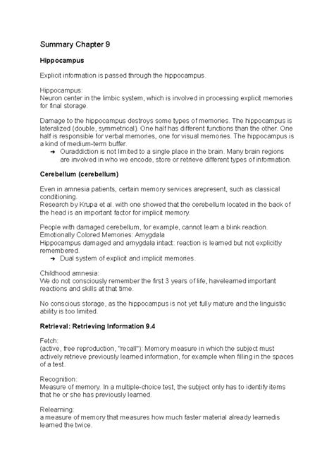 Summary Chapter 9 Memory Part 2 Summary Chapter 9 Hippocampus