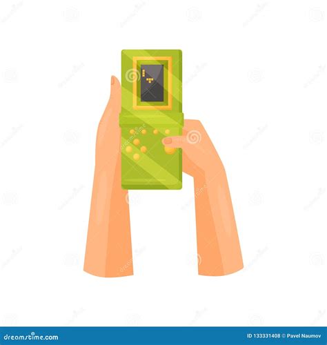 Hand Holding Retro Tetris Electronic Game Console Vector Illustration