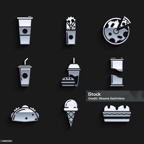 빨대와 햄버거를 마시는 종이 유리 아이스크림 와플 콘 샌드위치 소다 캔 타코 토르티야 물 피자 와 아이콘을 설정합니다 벡터 검은색에 대한 스톡 벡터 아트 및 기타 이미지