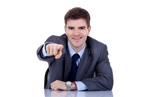 Business Man At His Desk Pointing Stock Image Image Of Friendly Gesture