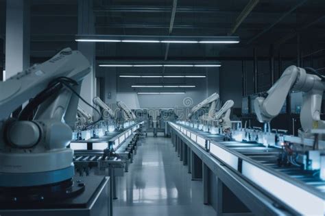 High Tech Robots Assembling Electronic Devices In A Futuristic Factory