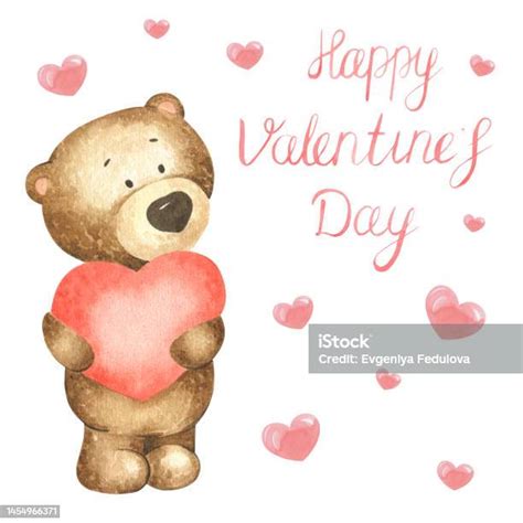 빨간 심장을 가진 수채화 테디 베어 발렌타인 데이 카드 발렌타인 데이 수채화 엽서 해피 발렌타인 데이 2월에 대한 스톡 벡터 아트 및 기타 이미지 Istock
