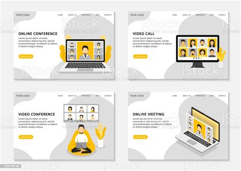 화상 회의 방문 페이지 화상 통화 화상 회의 및 온라인 회의 집에서 일하십시오 웹 페이지 집합입니다 벡터 그림입니다 라이브 스트리밍에 대한 스톡 벡터 아트 및 기타 이미지