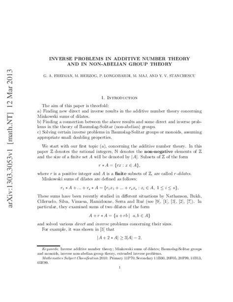 Pdf Inverse Problems In Additive Number Theory And In Non Abelian Group Theory