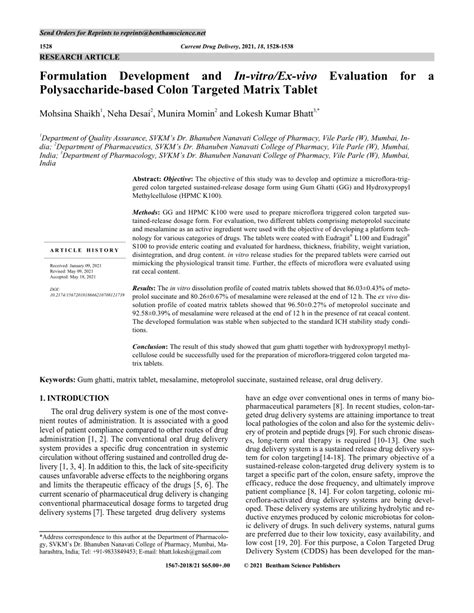 Pdf Formulation Development And In Vitro Ex Vivo Evaluation For A Polysaccharide Based Colon