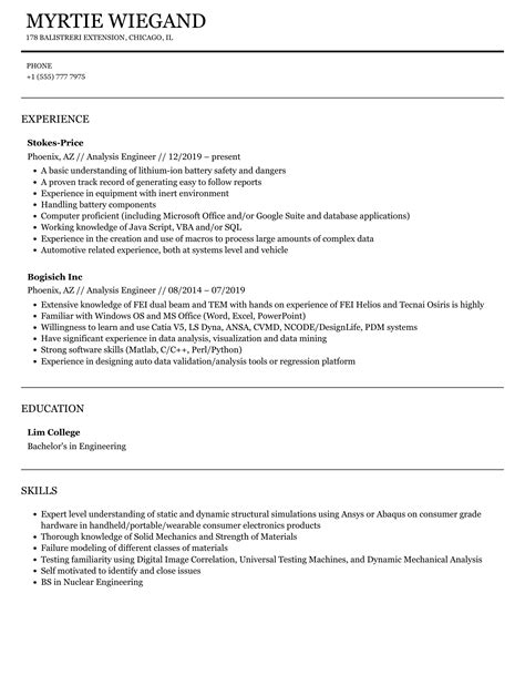 Analysis Engineer Resume Samples Velvet Jobs