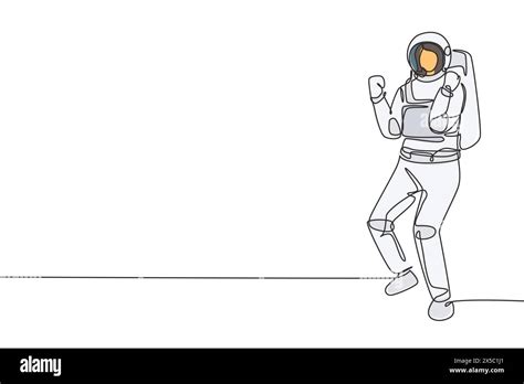 Single One Line Drawing Female Astronaut Stands With Celebrate Gesture Wearing Space Suit
