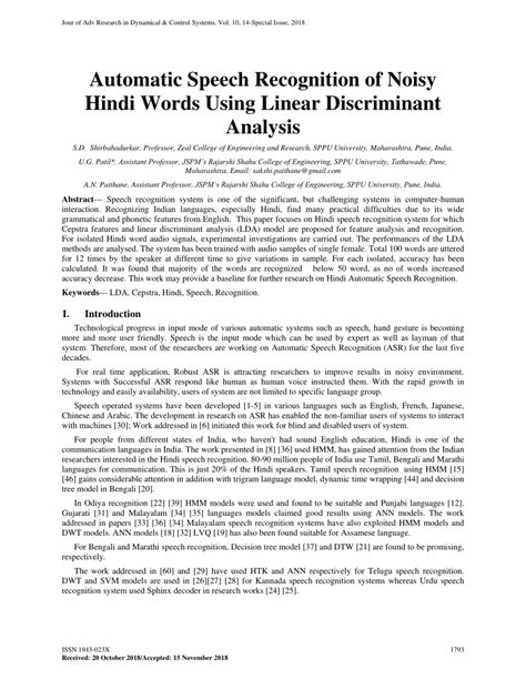 Pdf Automatic Speech Recognition Of Noisy Hindi Words Using Linear Discriminant Analysis