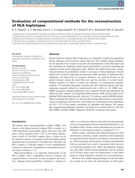 Pdf Evaluation Of Computational Methods For The Reconstruction Of Hla Haplotypes