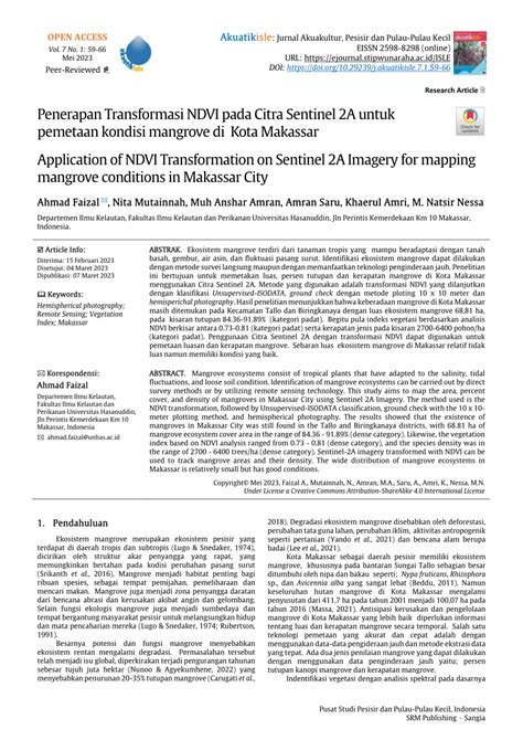 Pdf Application Of Ndvi Transformation On Sentinel 2a Imagery For Mapping Mangrove Conditions