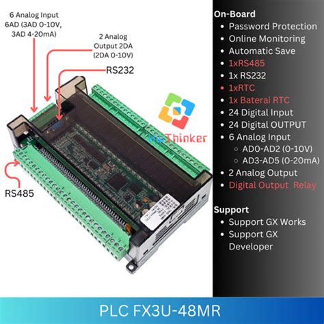 jual plc fx3u 48mr 6ai 2ao rtc rs232 rs485 industrial control board