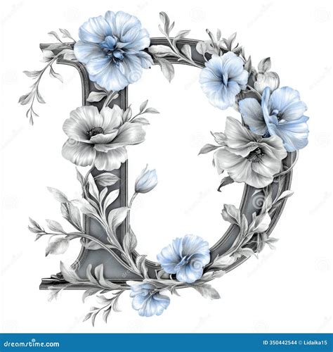 Elegant Gray Letter D With Blue Floral Design Stock Illustration