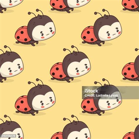 노란색 배경에 귀여운 무당벌레가 있는 완벽 한 패턴입니다 벡터 일러스트 레이 션입니다 만화 곤충 카와이 캐릭터 키즈 컬렉션 0