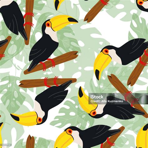 분기에 귀여운 만화 Toucan 새와 원활한 패턴 벽지 직물 직물에 대한 벡터 일러스트레이션 여름 이국적인 프린트 꽃 몬스터 잎열대 투칸 귀여운에 대한 스톡 벡터 아트 및