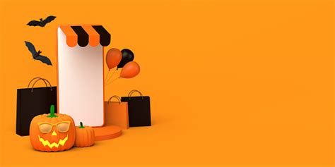 가을 시즌과 할로윈을위한 온라인 쇼핑 개념 스마트폰 쇼핑백 박쥐가 있는 랜턴 호박 3d 일러스트레이션 공간을 복사합니다 빈 스마트 폰 화면 Brand Name Smart