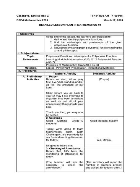 Ed 107 Detailed Lesson Plan In Mathematics 10 Pdf Variable
