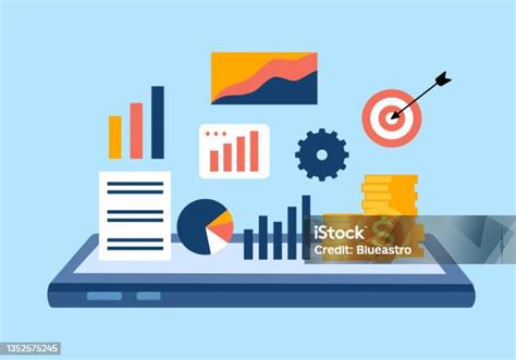 투자 수익 Roi 온라인 비즈니스 마케팅 컨셉 벡터 일러스트레이션 평면 디자인의 스마트 폰 화면에 금융 차트 데이터 분석 및 돈