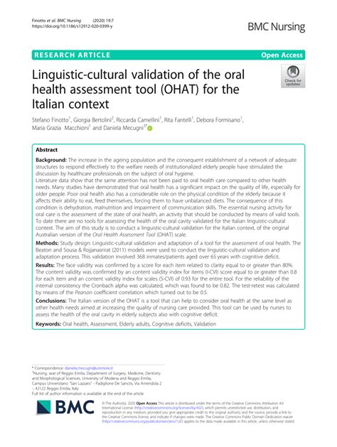 Pdf Linguistic Cultural Validation Of The Oral Health Assessment Tool Ohat For The Italian