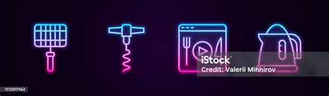 세트 라인 바베큐 강철 그리드 와인 코르크 마개 요리 라이브 스트리밍 및 전기 주전자 빛나는 네온 아이콘입니다 벡터 Live Event에 대한 스톡 벡터 아트 및 기타