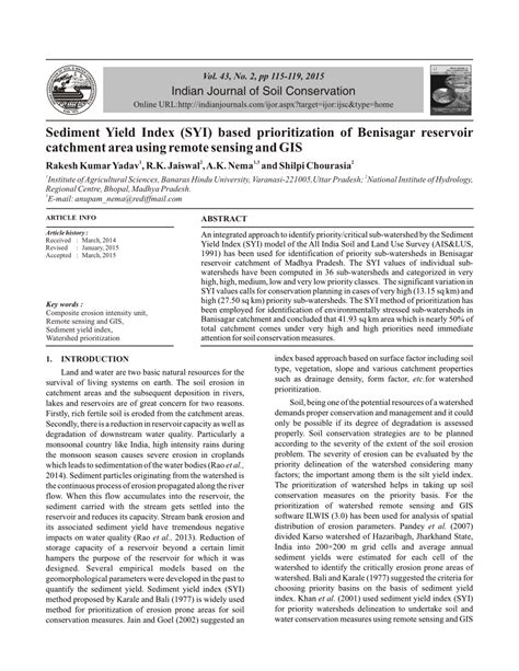 pdf sediment yield index syi based prioritization of benisagar